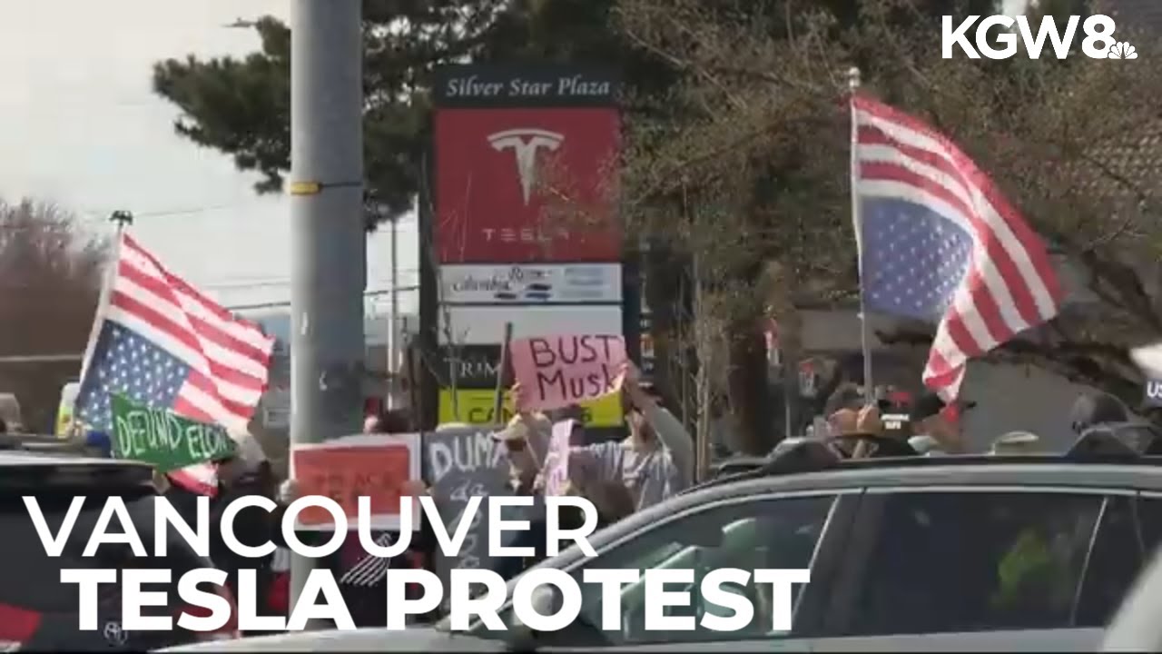Protesters rally against Elon Musk outside Vancouver Tesla store - YouTube