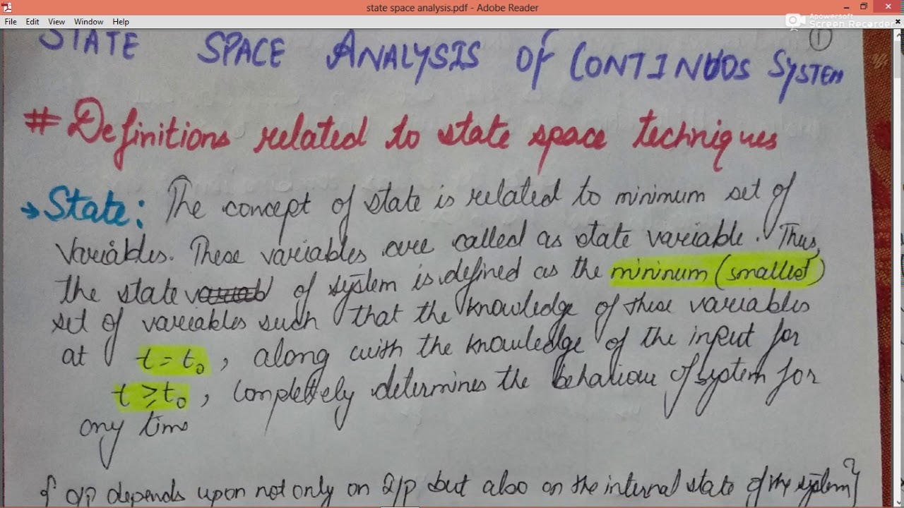 STATE SPACE ANALYSIS OF CONTINUOUS SYSTEM. PART 1(a) FOR 6TH SEM ...
