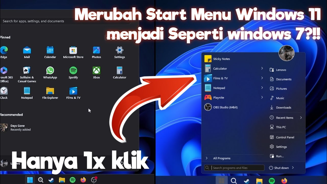 MERUBAH TAMPILAN START MENU WINDOWS 11 MENJADI SEPERTI WINDOWS 7 - YouTube
