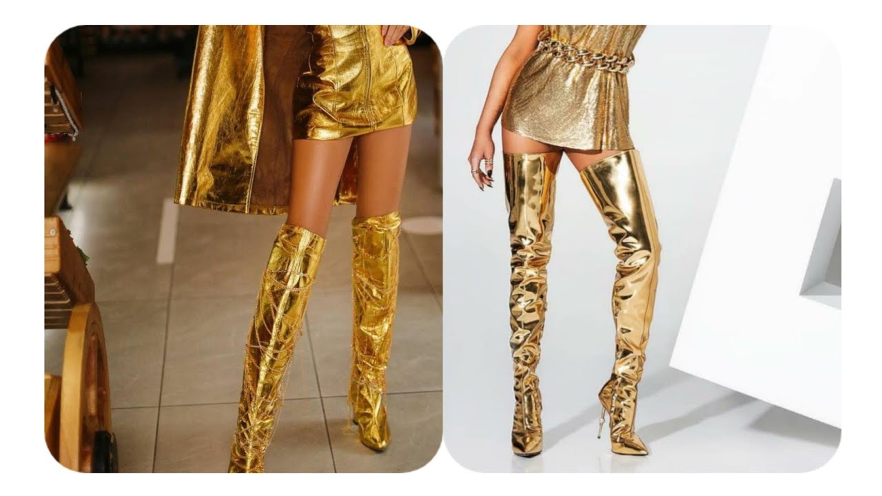 gold outfits/over knee gold boots/gold boots with gold track dresses # ...