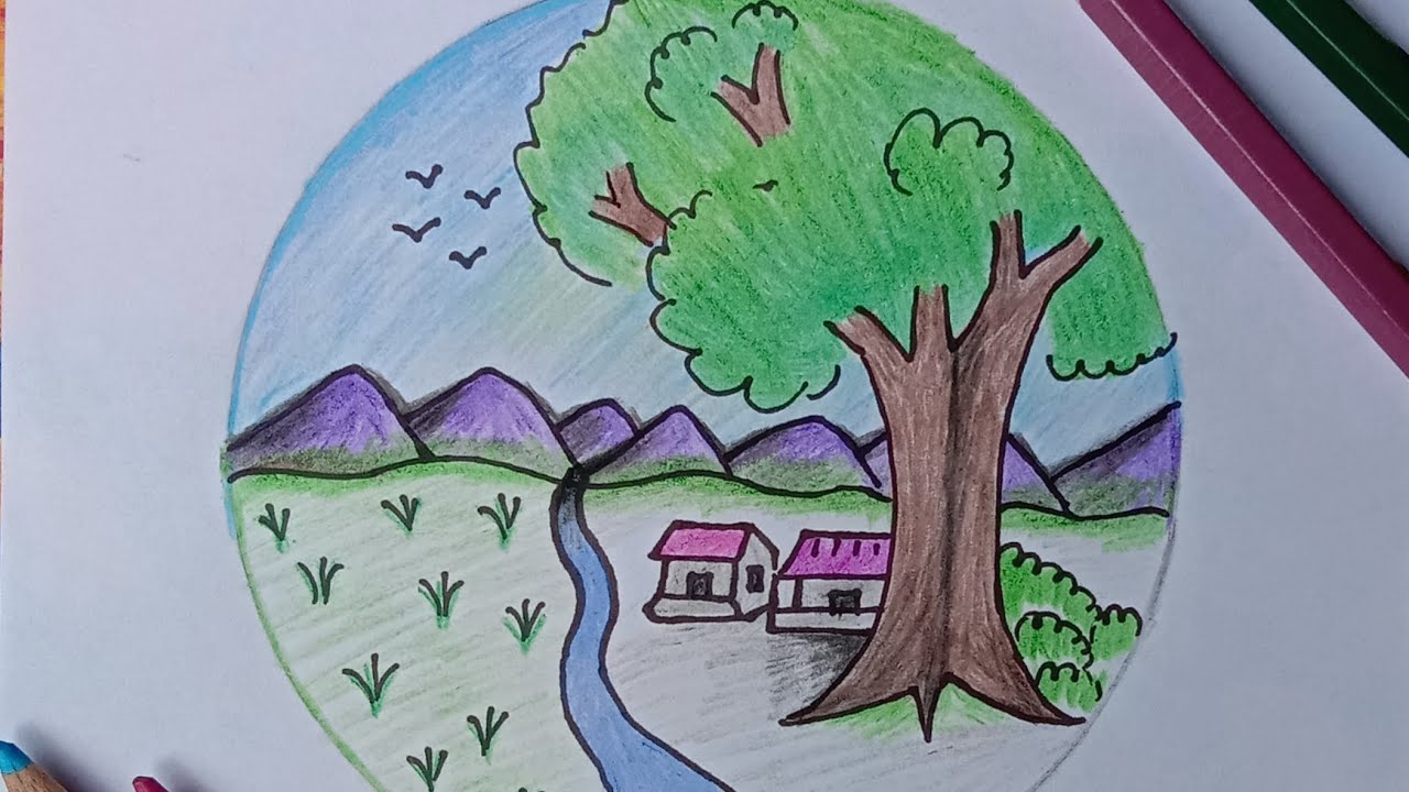 How to draw simple scenary for beginners// Village scenary - YouTube