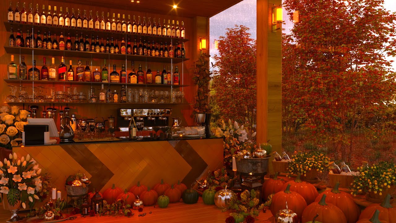 Rainy Autumn Bar Ambience 🍁 Relaxing Soft Rain Sounds in Fall Morning 🍂 ...