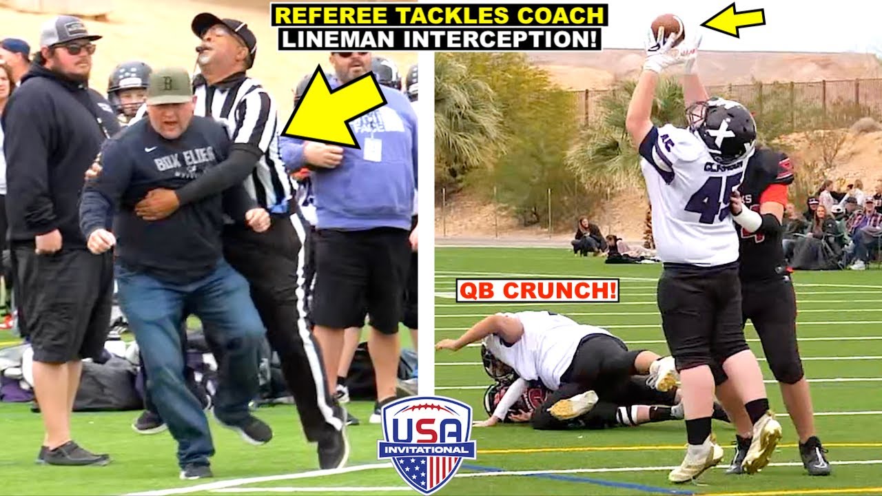 REFEREE TACKLES COACH AND LINEMAN CATCHES INTERCEPTION AT USA ...