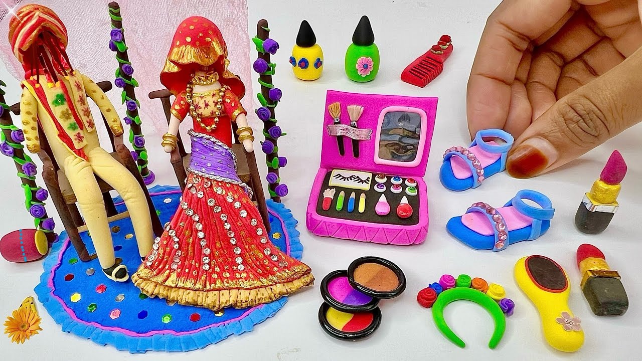 DIY How To Make Polymer Clay Doll’s Makeup set with Lehnga, Shoes ...