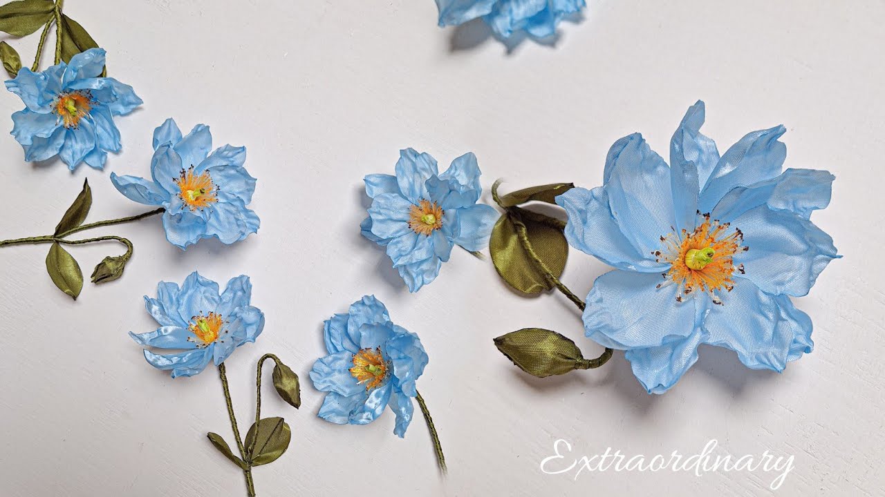 DIY, Himalayan Blue Poppy From Satin Ribbon | Satin Crafts | 4K ...