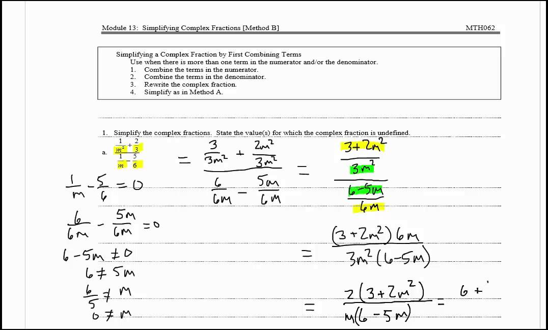 simplifying complex fractions method b module 13 mth 062 - YouTube