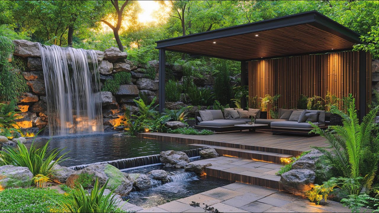 Serene Outdoor Oasis | Modern Minimalist Pavilion, Waterfall, & Lush ...