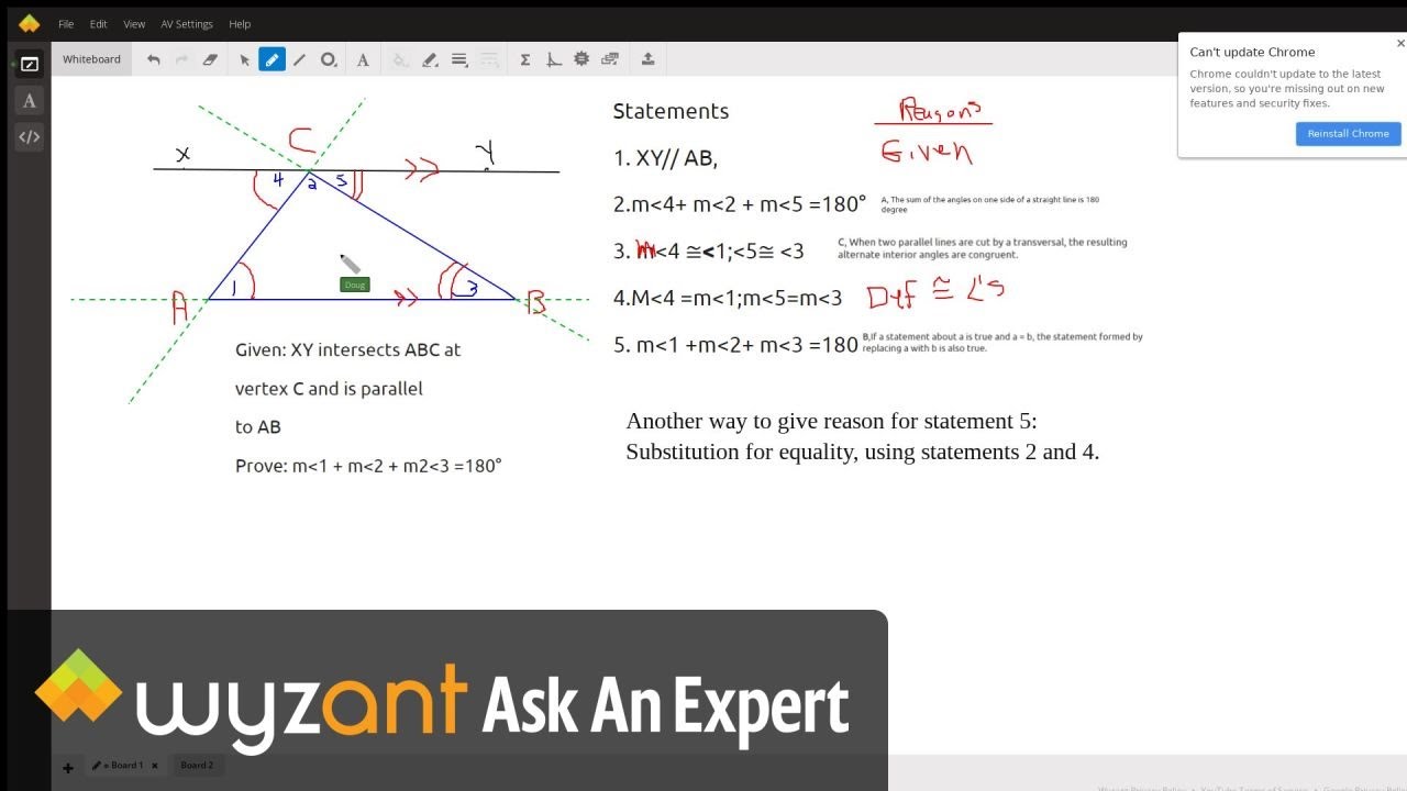 Proof that sum of angles of a triangle is 180 using parallel lines ...
