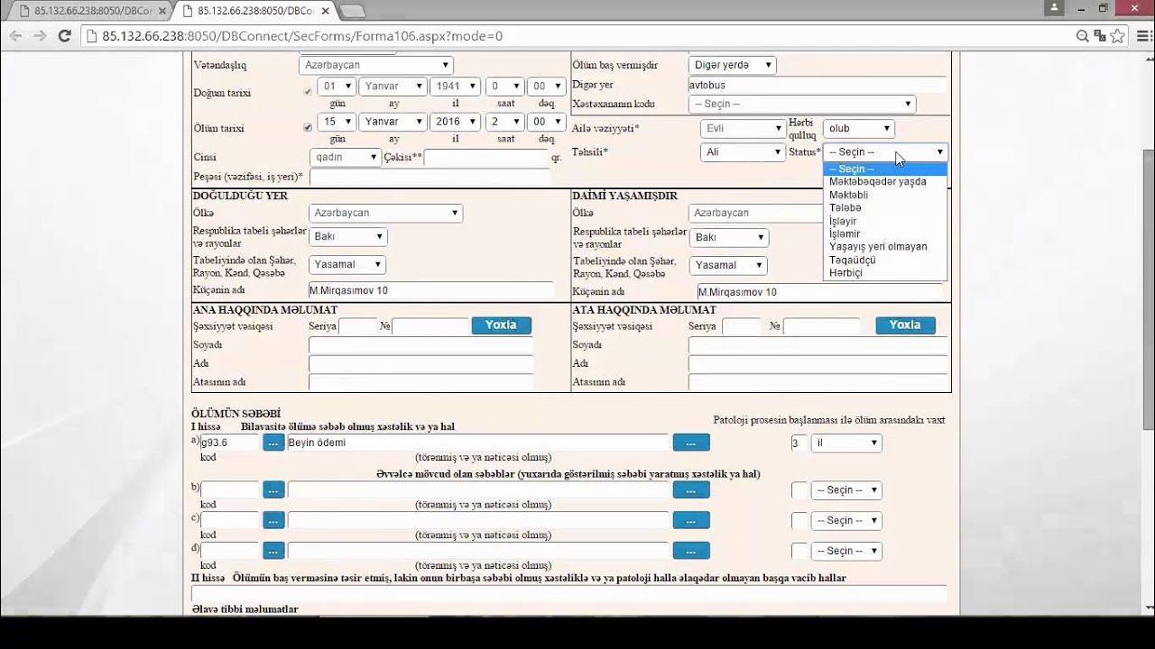 " ölüm haqqında şehadetname"nin (Forma 106) verilmesi proqram modulu ...