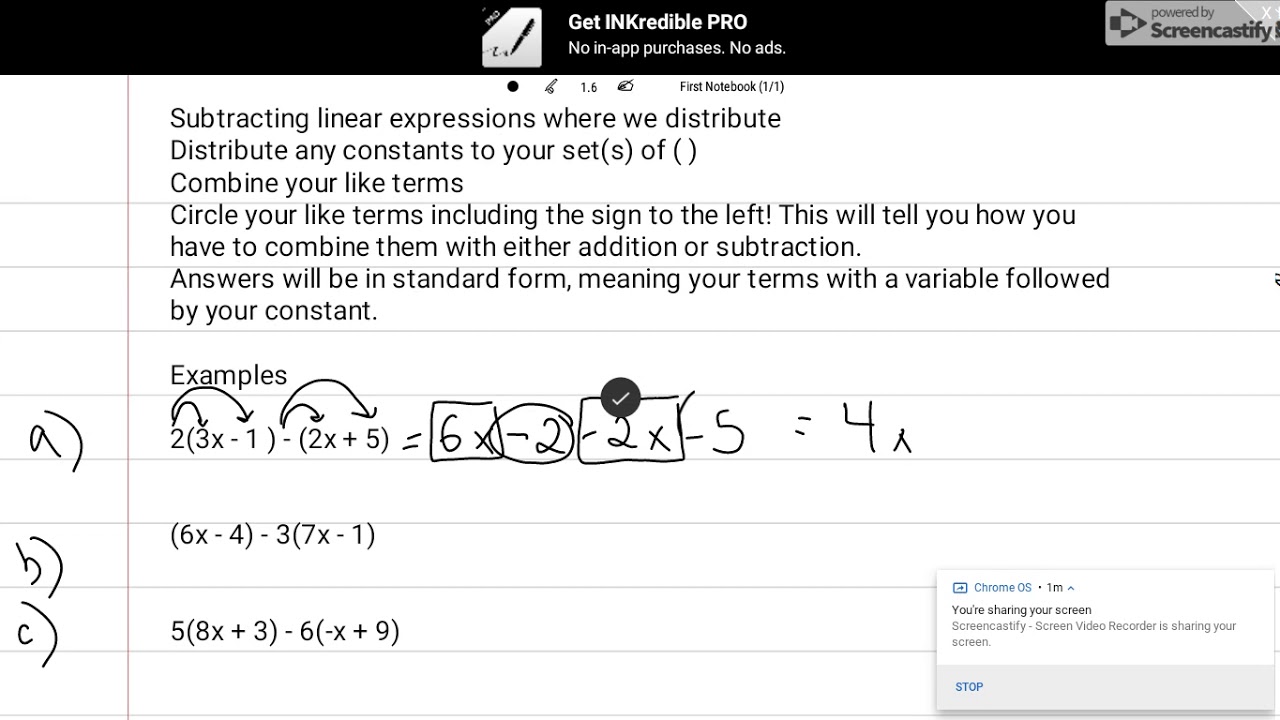 Subtracting linear expressions where we have to distribute - YouTube