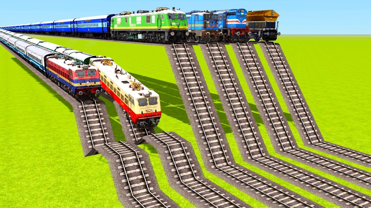 SIX TRAINS CROSSING ON HIGH STAIR RAILWAY TRACKS & RISKY SPEED BUMPS ...