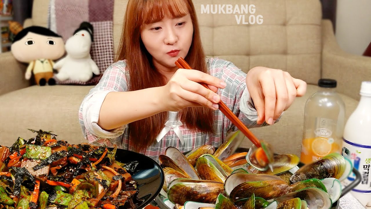 먹방브이로그 :) 뉴질랜드 그린홍합탕, 도토리묵무침 새싹보리두유. | 브이로그 요리 먹방 | 30대가정주부일상먹방 ...