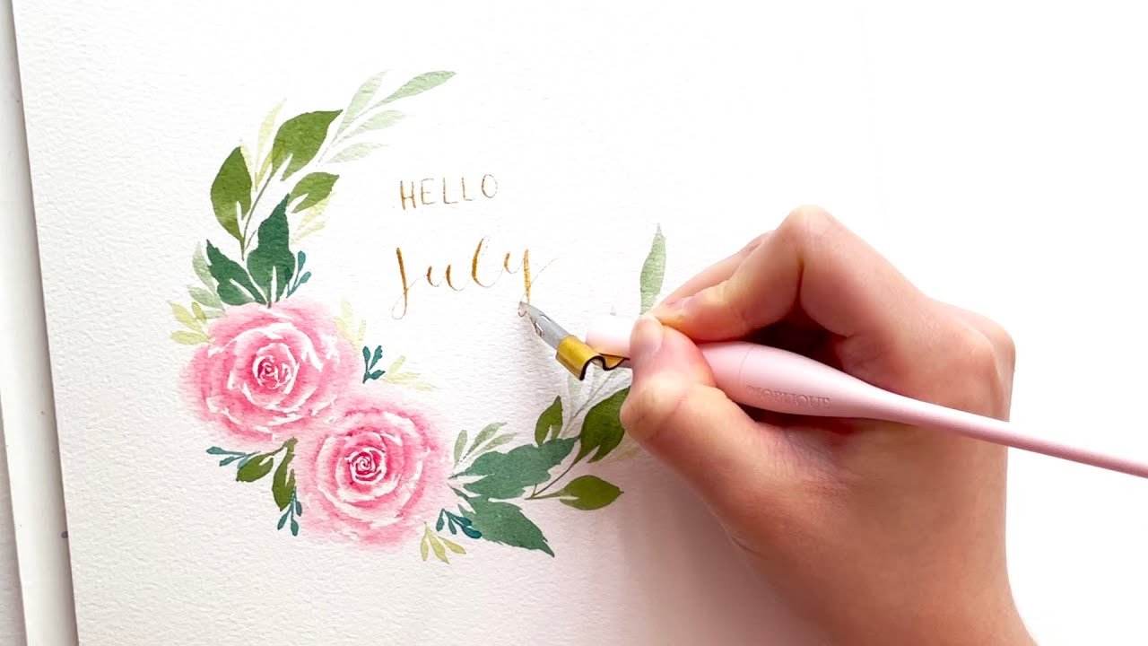 HELLO JULY // Watercolour Floral Wreath With Gold Lettering - YouTube