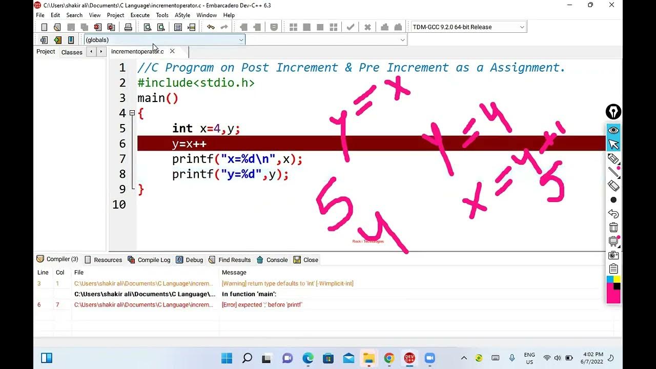 25. Write a C program on Post & Pre Increment in case of Assignment ...