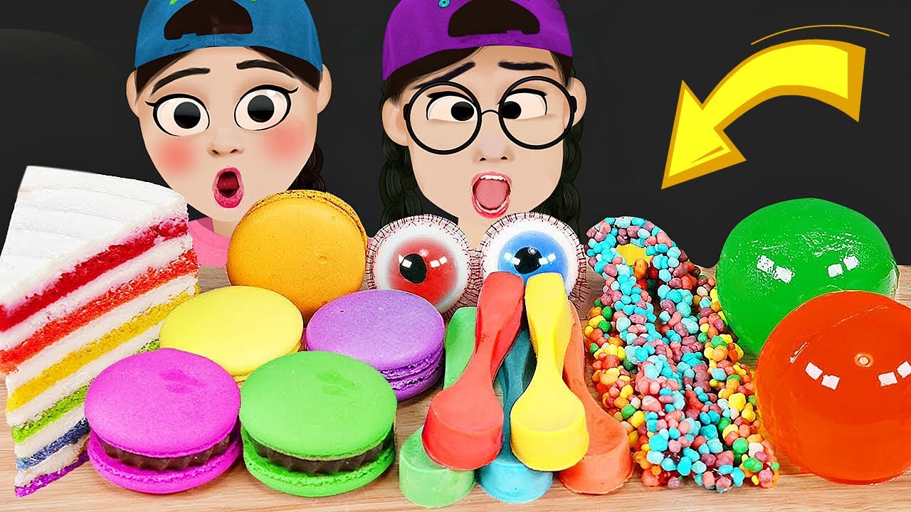 Dona 도나 animation | ASMR rainbow crepe cake , macaro mukbang 레인보우 크레이프 ...