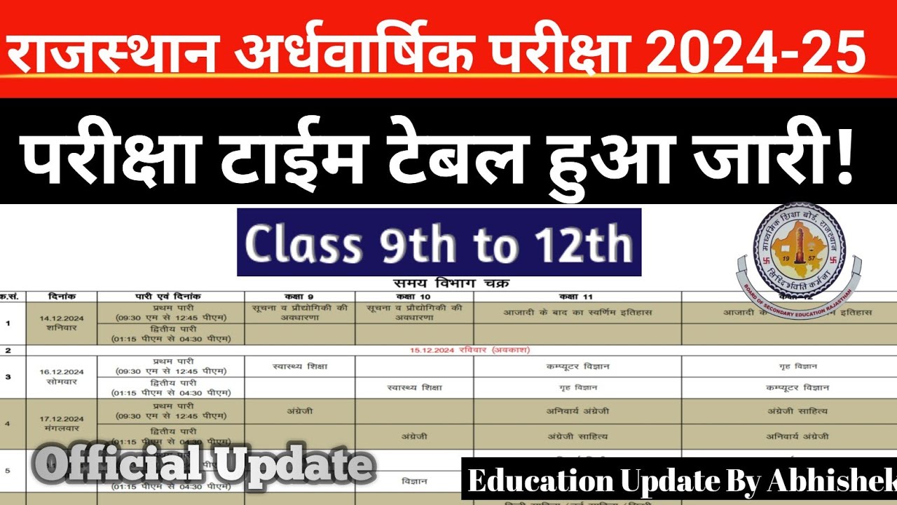Rajsthan half yearly exam time table।2024 class 9th to 12th half yearly ...
