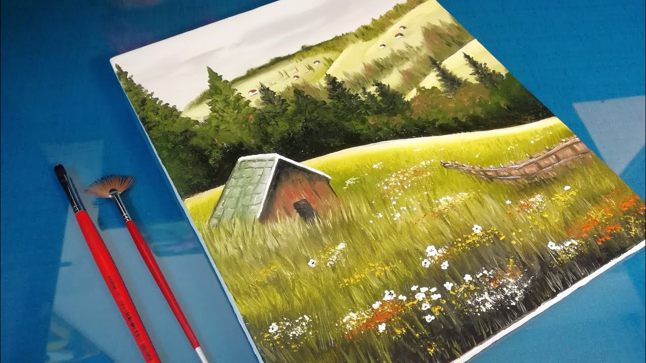Landscape painting | How to painting a Landscape | Hut Painting | Easy ...