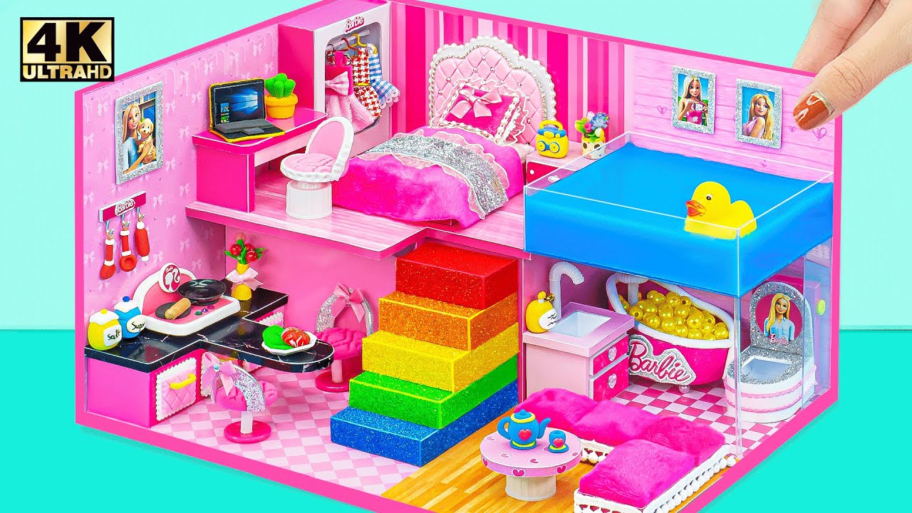 Build Barbie Dream Mini House 💖 Pink Bedroom, Rainbow Stairs & Infinity ...