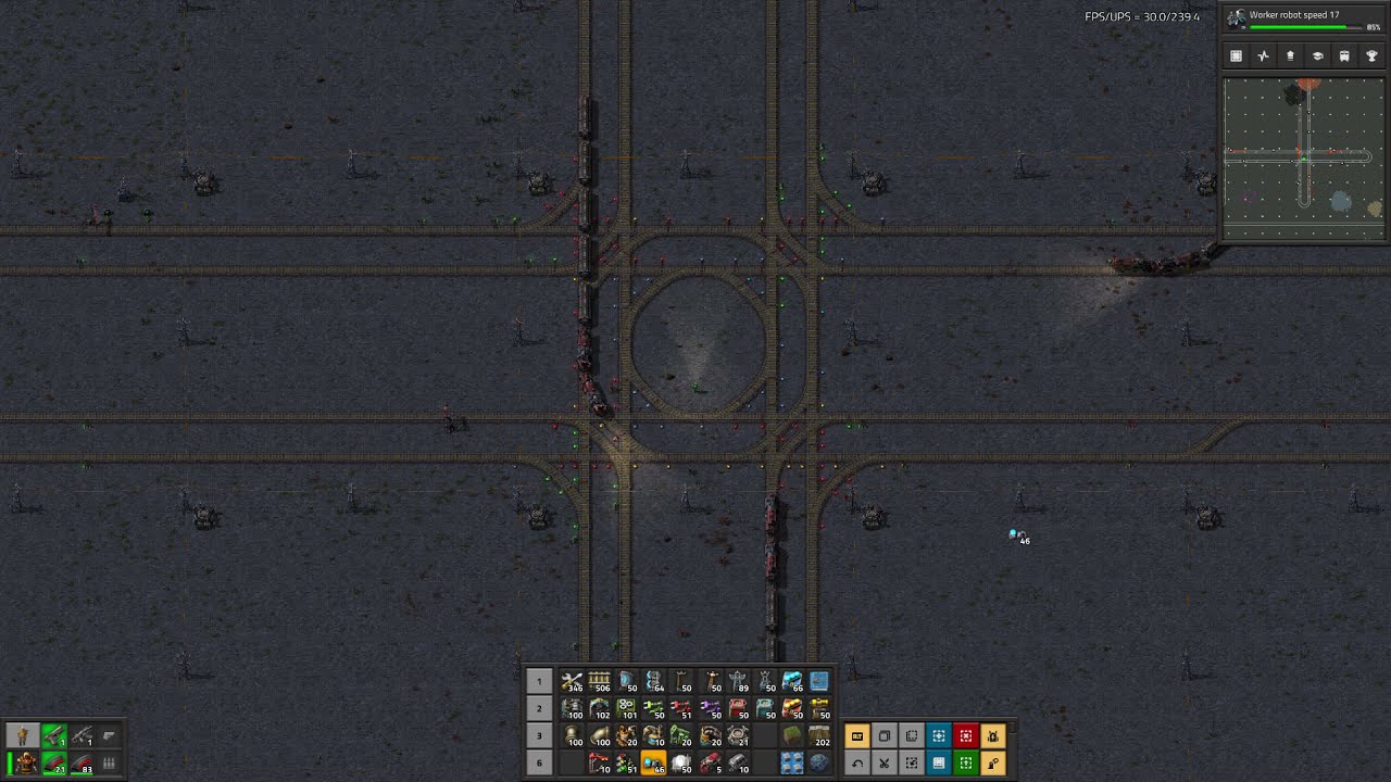 Factorio large 4 lane train intersection - YouTube
