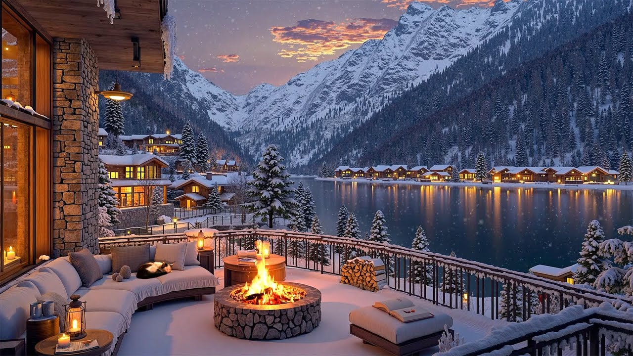 Cozy Winter Night ~ Smooth Jazz | Tranquil Firelit Terrace with Snowy ...