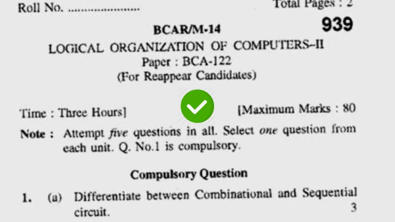 2014 Kuk BCA 2nd Sem Reappear Logical Organisation of Computer Question ...