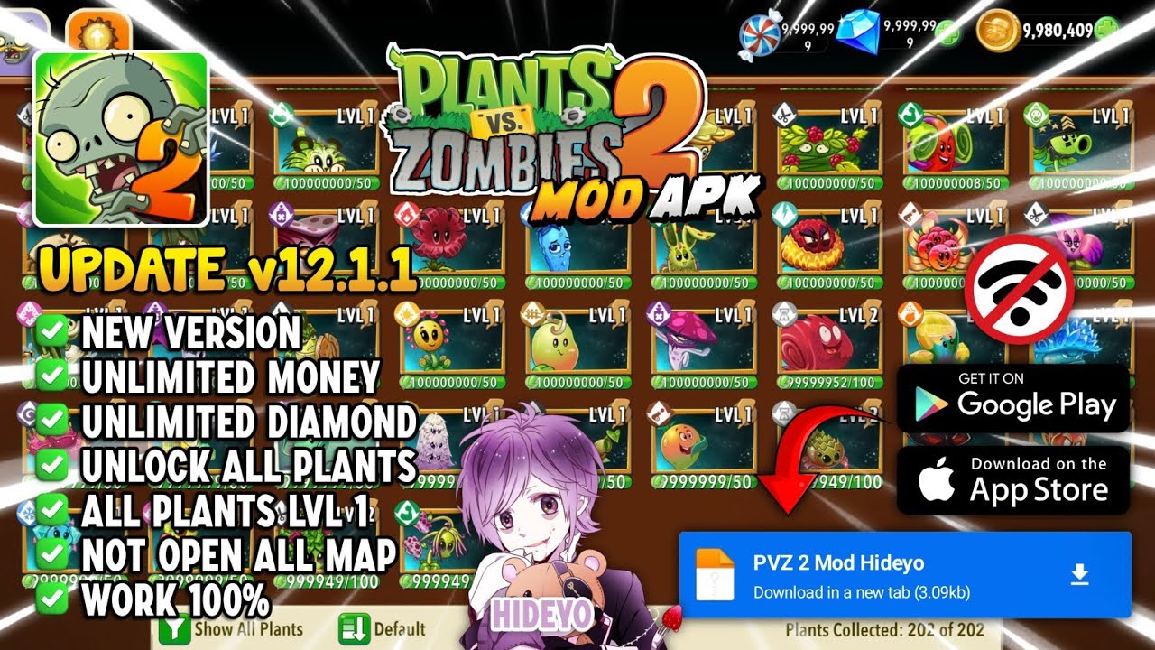 Plants vs Zombies 2 Mod Apk 12.1.1 - Plants LVL 1 Unlimited Money & Sun ...