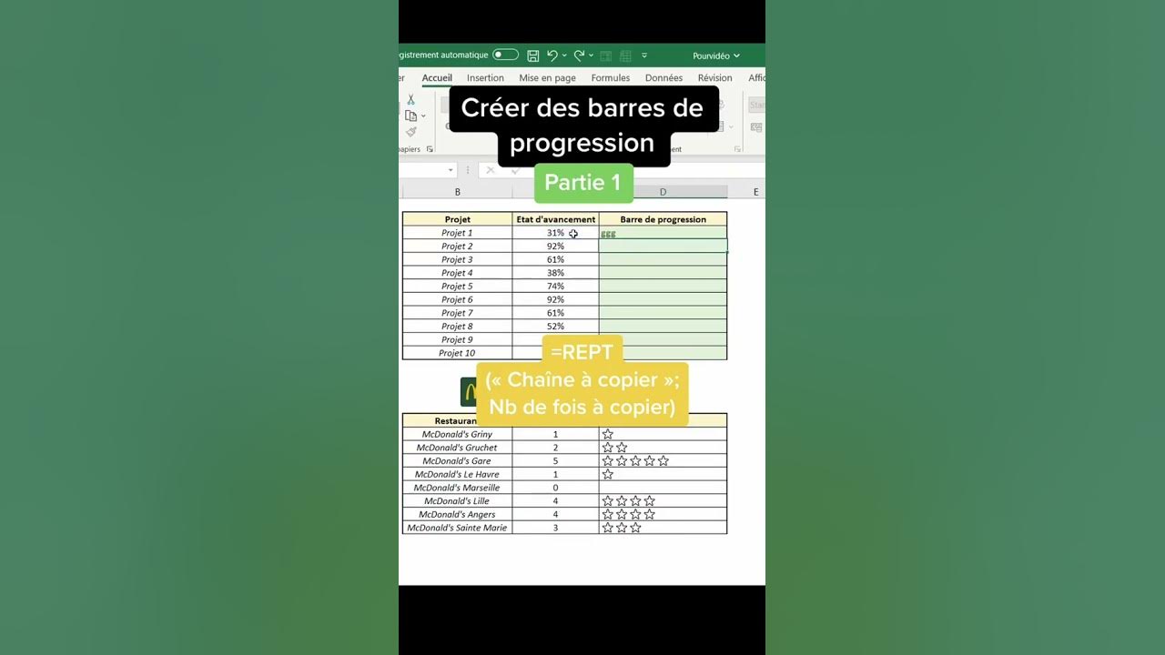 Créer des barres de progression sur #excelfr #exceltips #tiiip - YouTube