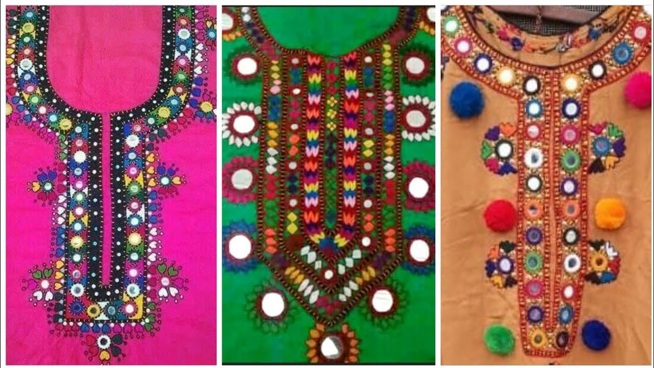 Mirror work with traditional Sindhi hand embroidery neckline neck ...