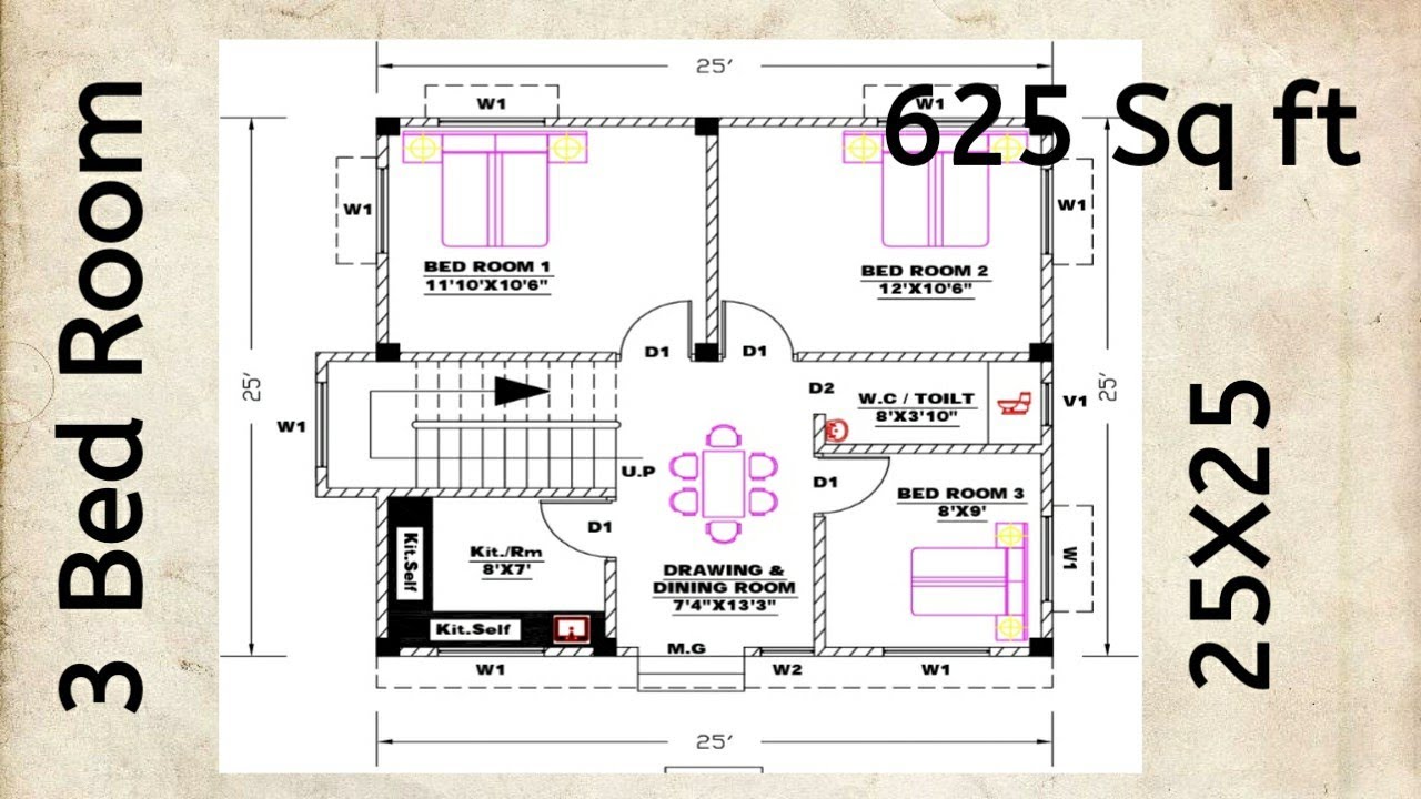 West Facing 625 Sq Ft House Plan Ll 3 Bhk Ghar Ka Naksh Ll 25X25 House