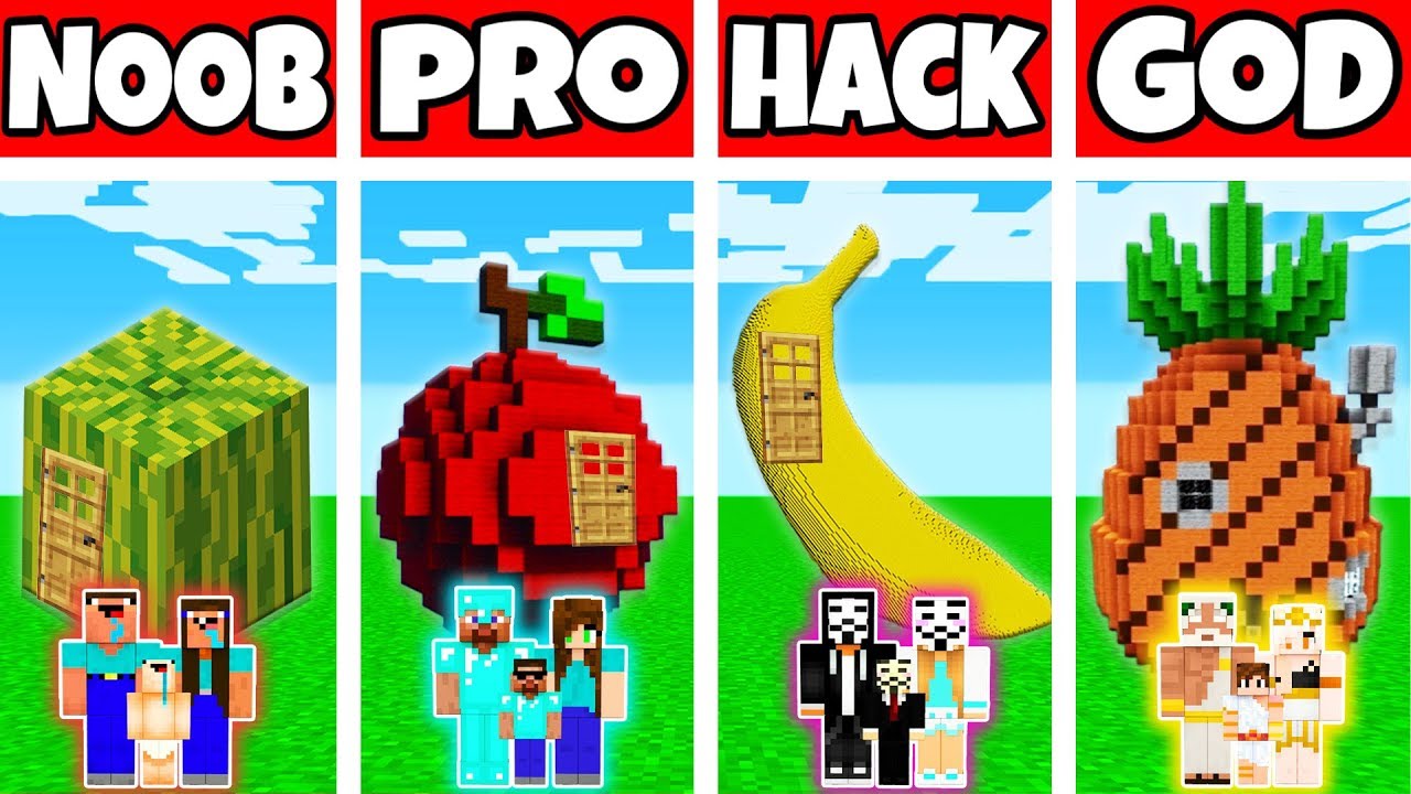 Minecraft: FAMILY FRUIT HOUSE BUILD CHALLENGE - NOOB vs PRO vs HACKER ...