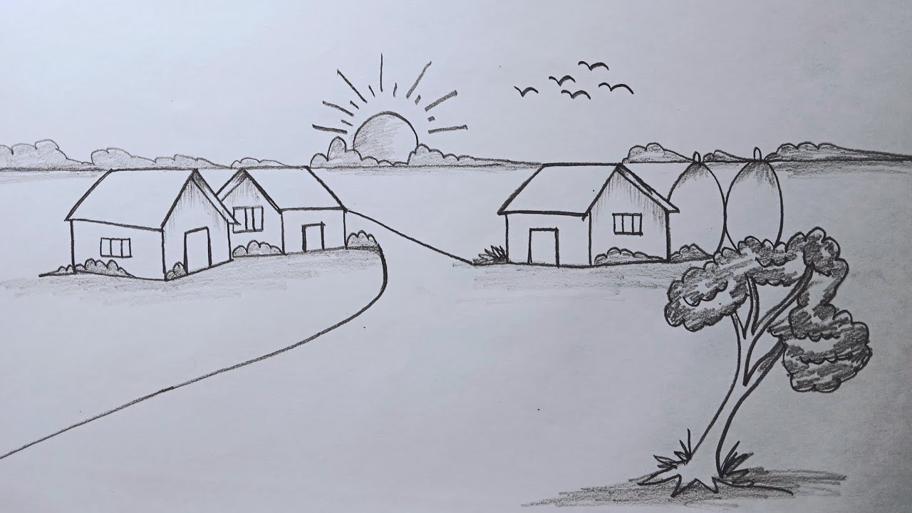 Scenery drawing tutorial || Village scenery drawing || How to draw ...