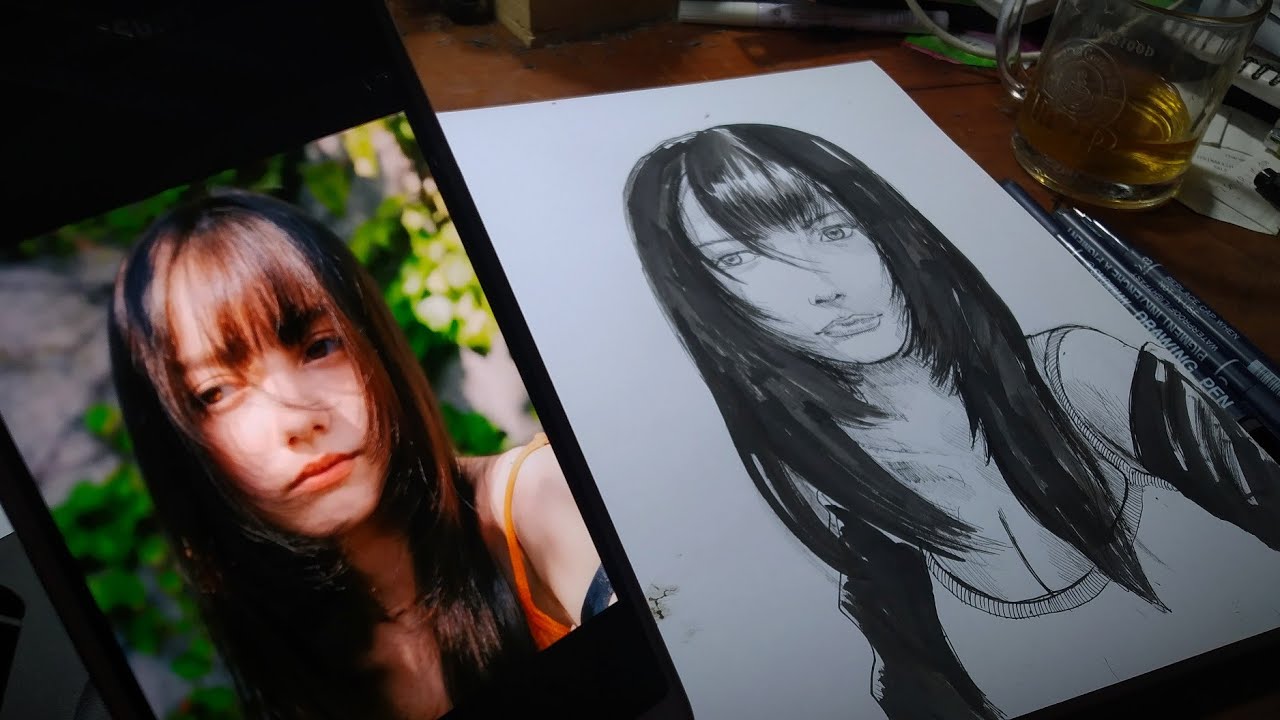 Live Drawing Realistic Beautiful girl long hair - YouTube