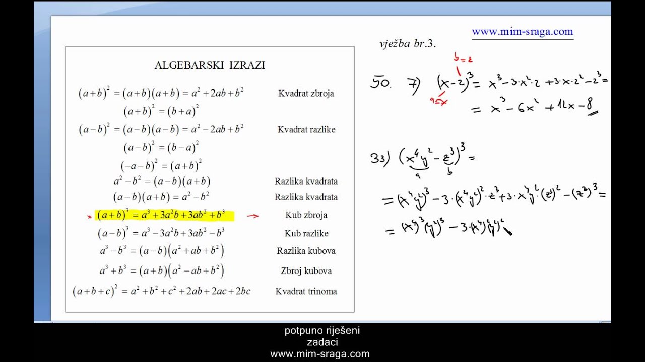 kub razlike - algebarski izrazi - potpuno riješeni zadaci za samostalno ...