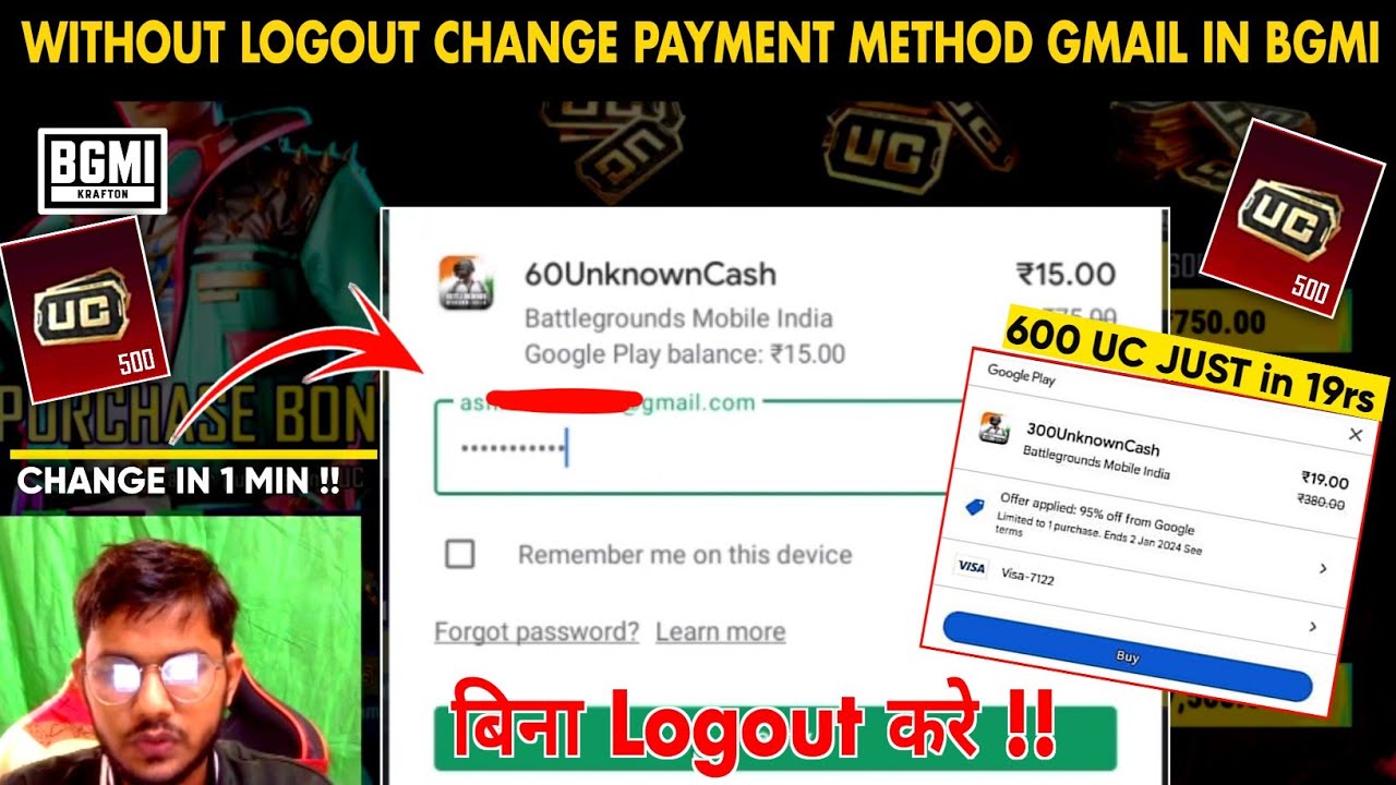 How to Change Payment Method Gmail Without Logout | Bgmi Uc Purchase Offer Use Kaise kre - YouTube