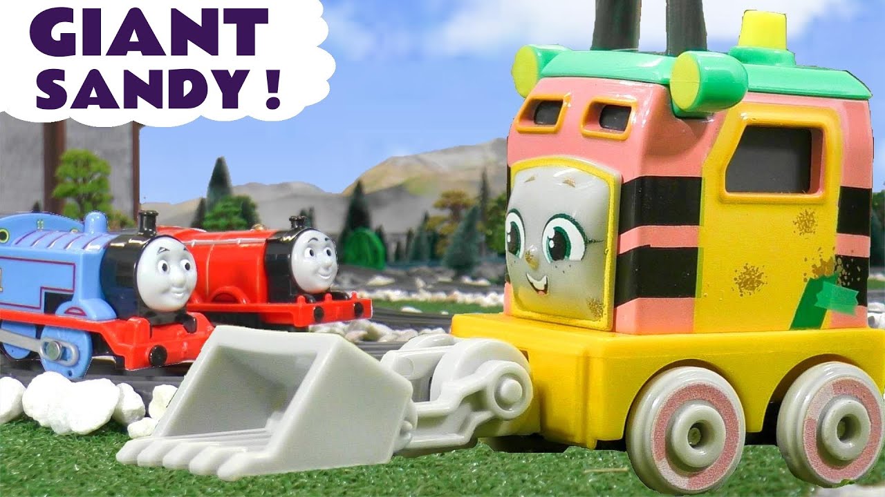 Giant Sandy Toy Train Story with Thomas Trains and Funlings - YouTube