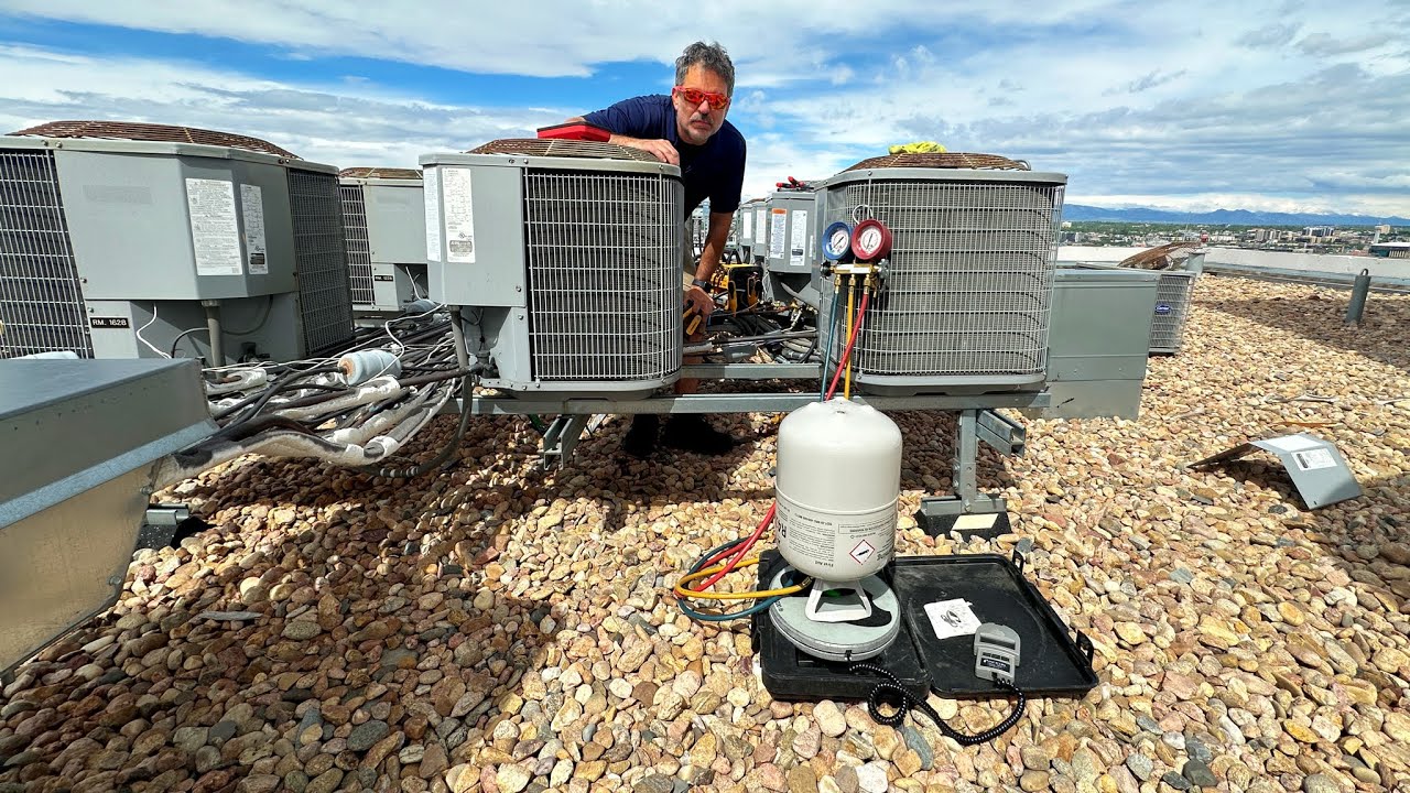 Condenser Install on Rooftop - Brazing - Evacuation - Charging - YouTube