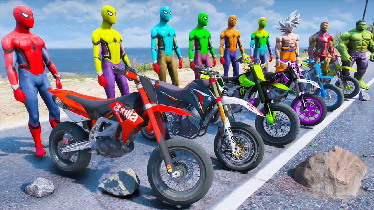 SPIDERMAN ON MOTORCYCLE RAMP CHALLENGE WITH HEROES - GIANT BIKE ...