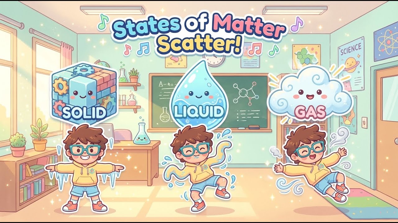 States of Matter Scatter | Fun Science Song for Kids (Solid, Liquid ...