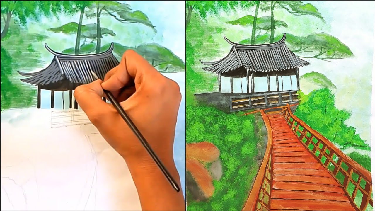 How to draw landscape painting / landscape painting step by step - YouTube