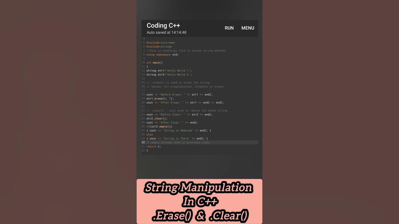 String Manipulation erase() and clear() in C++ #cppprogram #manipulation #stringmethods - YouTube