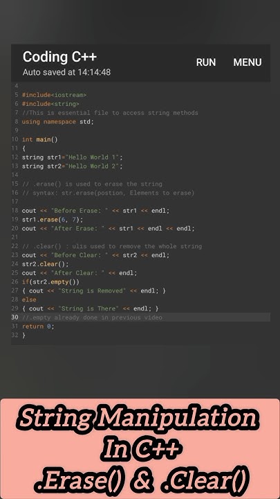 String Manipulation erase() and clear() in C++ #cppprogram #manipulation #stringmethods - YouTube