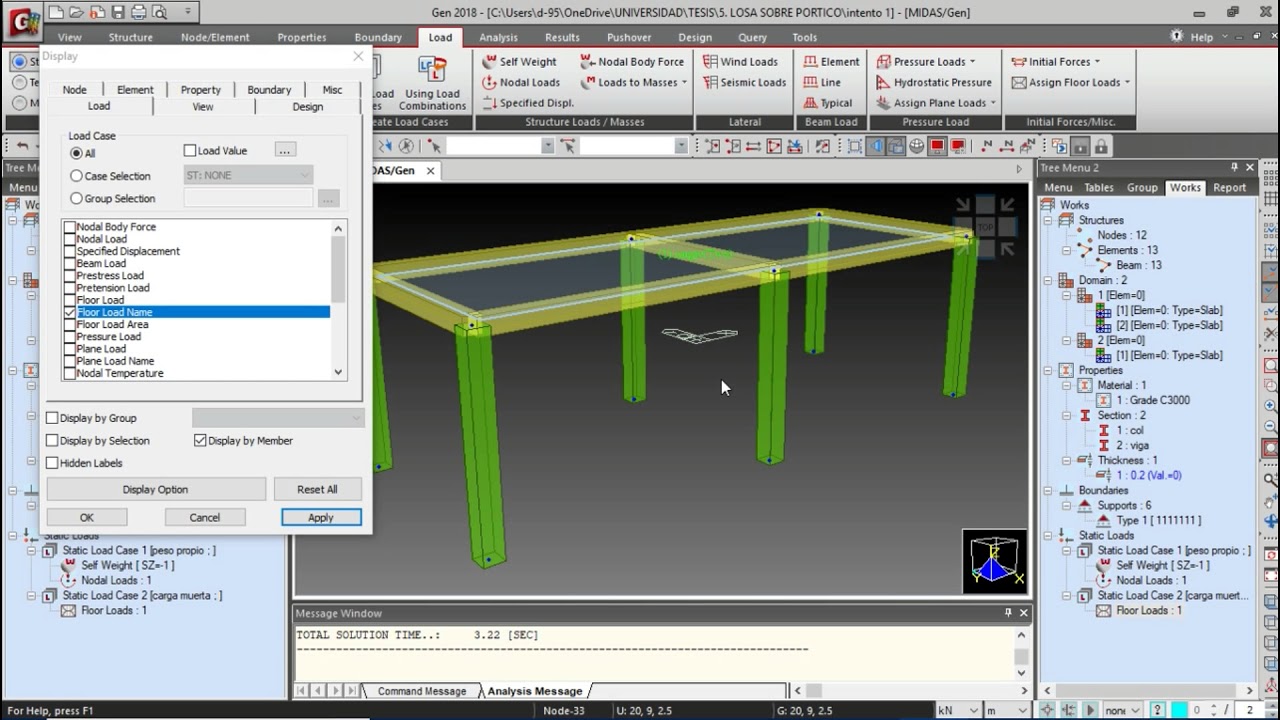 MIDAS GEN visualización Tree Menu, barras P20 a #8, resultados ...