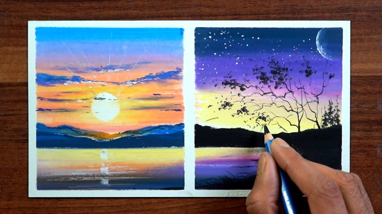 Drawing of Day and Night landscape using oil pastels - easy drawing for ...