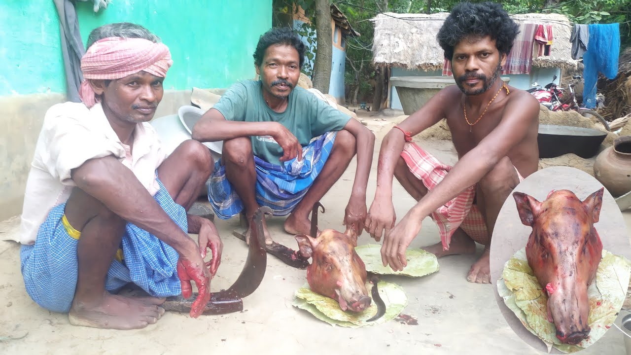 Pig meat recipe cooking by Santali tribal people on their traditional ...