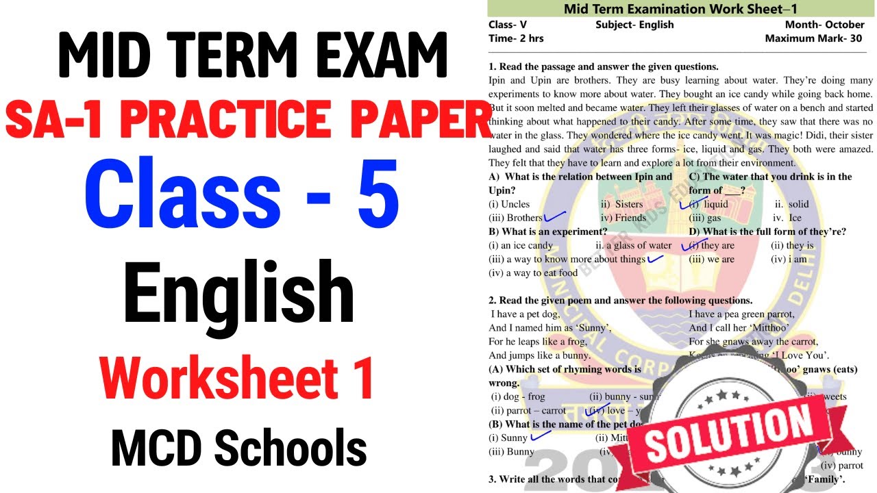 Class 5 English || Mid Term Exam || SA-1 Practice Paper || Worksheet 1 || Solution - YouTube
