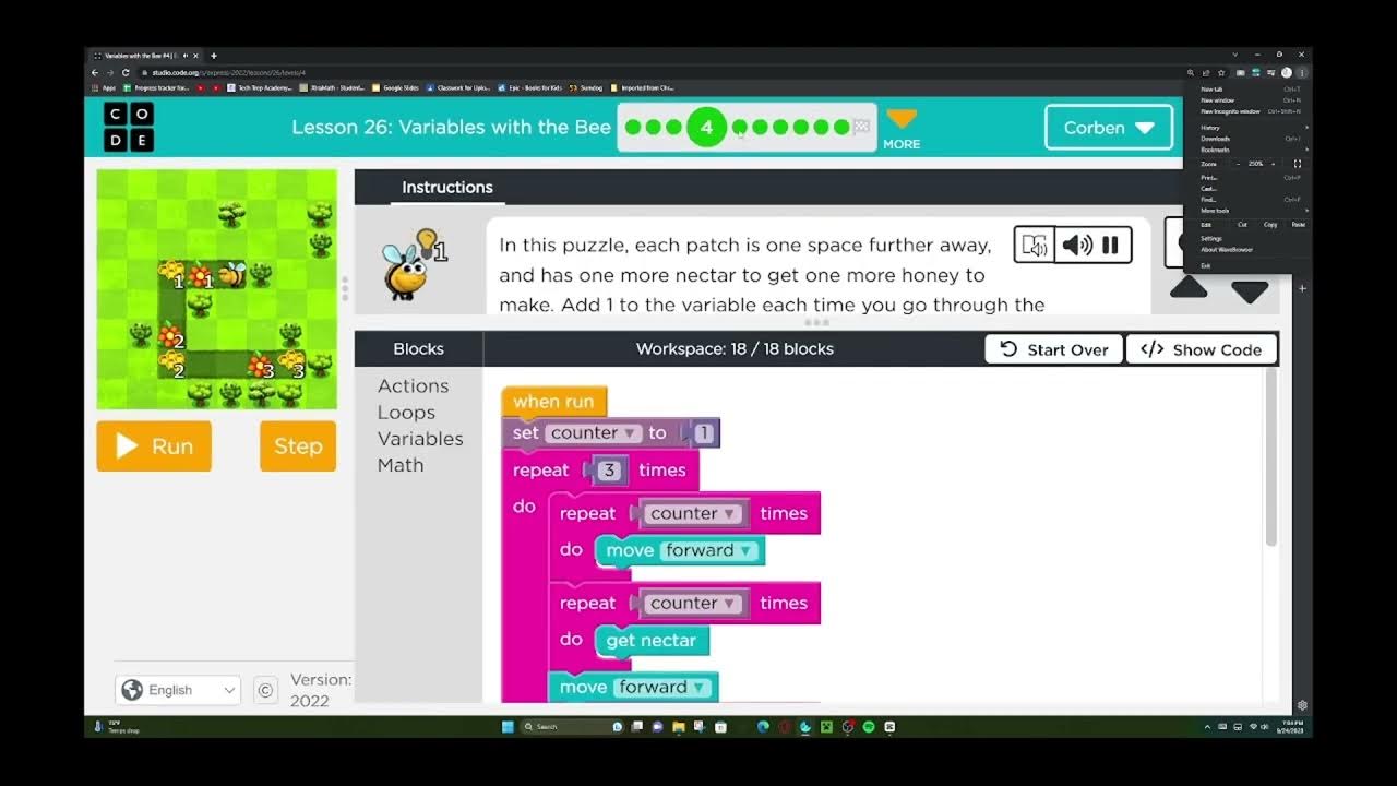 Code.org Express Course 2022 Variables with the Bee Lesson 26 Upload student - YouTube