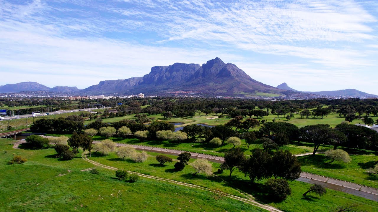 4K Aerial drone view of the eastern side of Table Mountain during the ...
