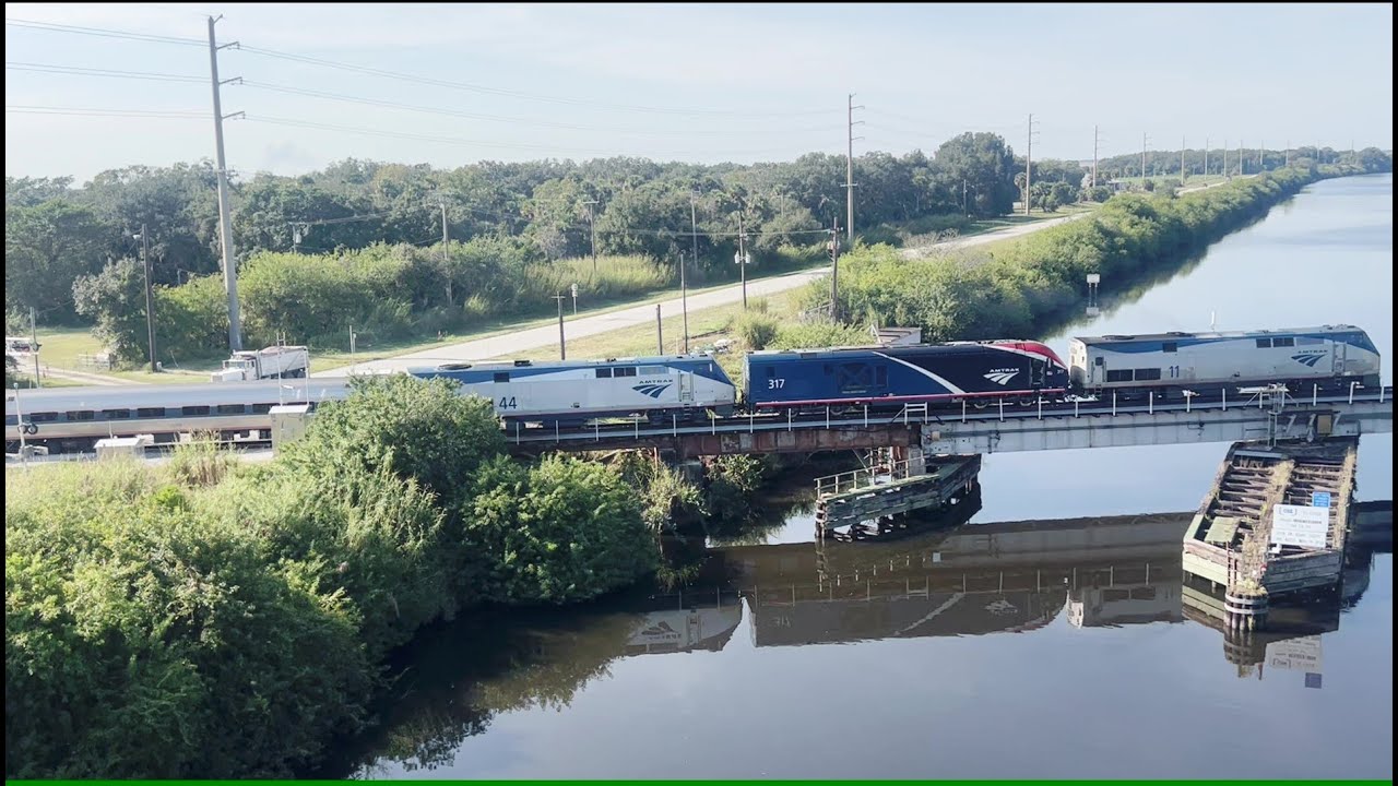 Amtrak Silver Meteor With Three Engines Crossing Swing Bridge - YouTube