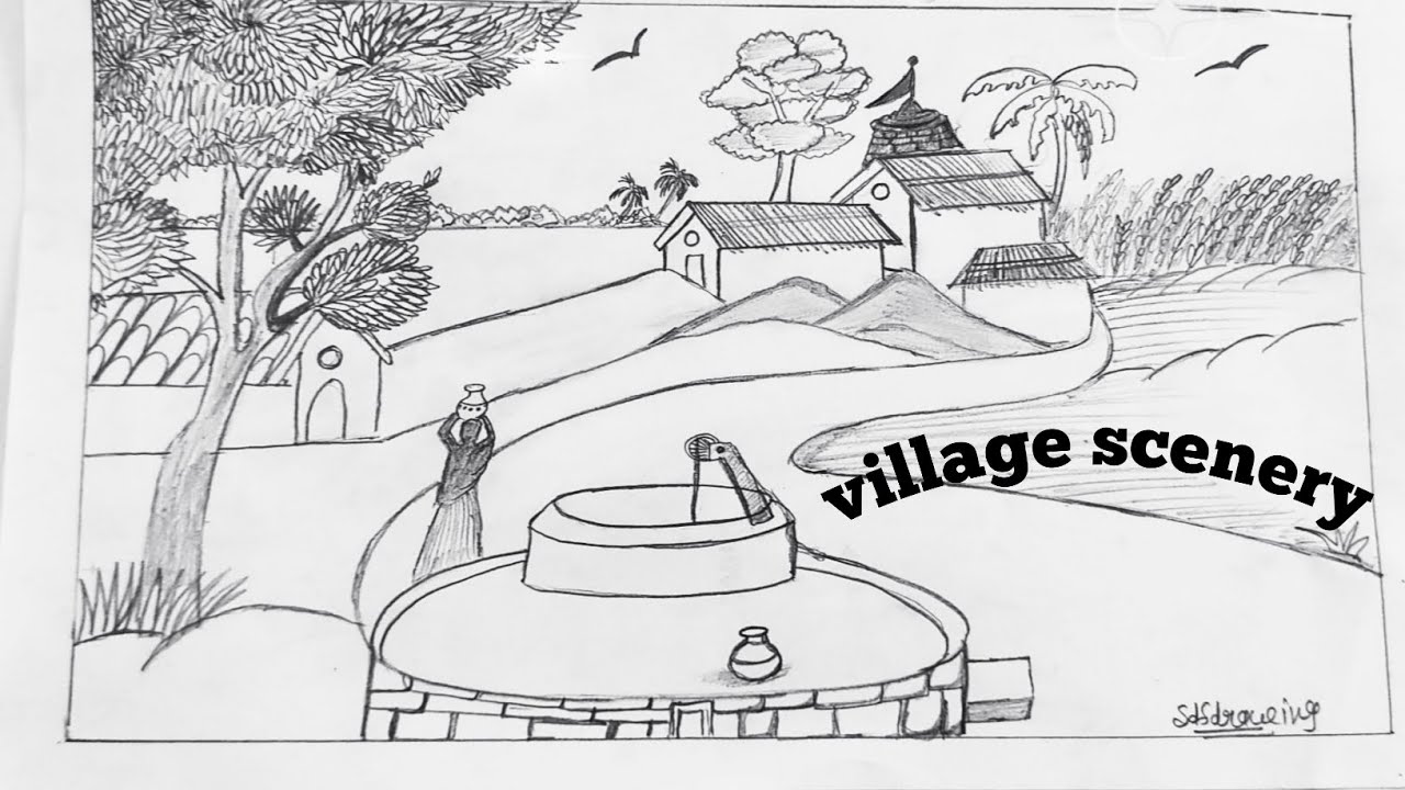 How to draw village scenery ll pencil sketch scenery drawing - YouTube