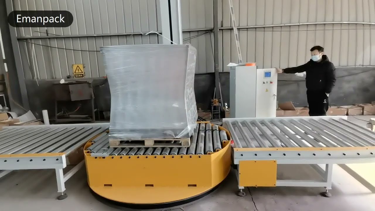 Online turntable pallet stretch wrapping machine with roller conveyors ...